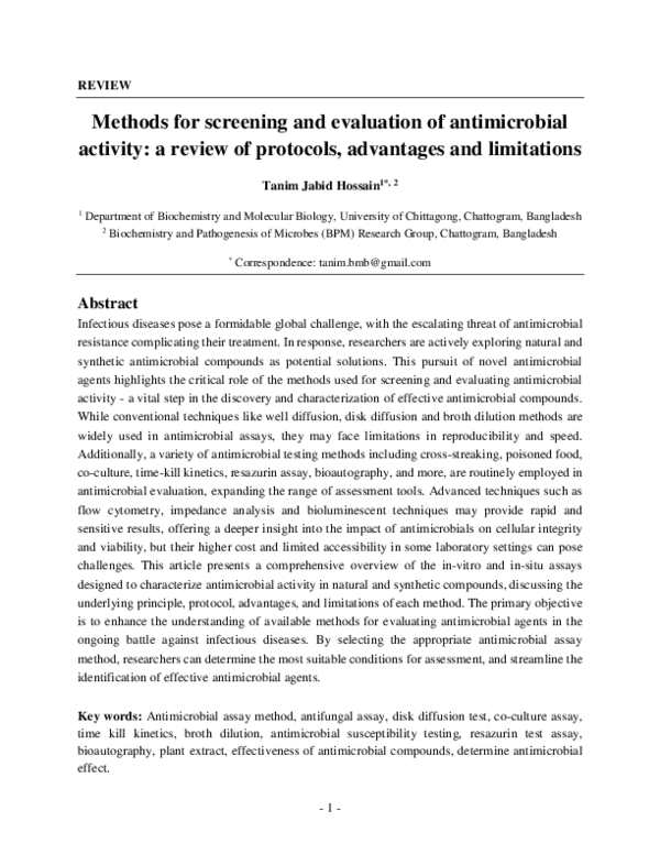 (PDF) Methods for screening and evaluation of antimicrobial activity: a ...