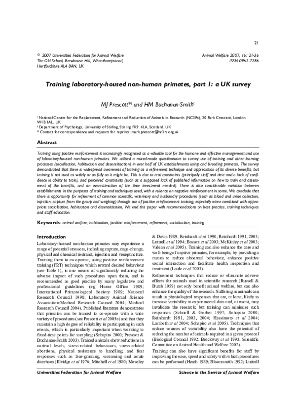 (PDF) Training laboratory-housed non-human primates, part 1: a UK survey