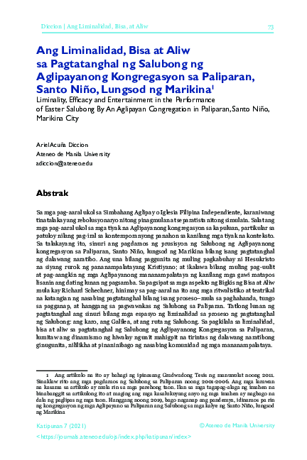 (PDF) Ang Liminalidad, Bisa at Aliw sa Pagtatanghal ng Salubong ng Aglipayanong Kongregasyon sa ...