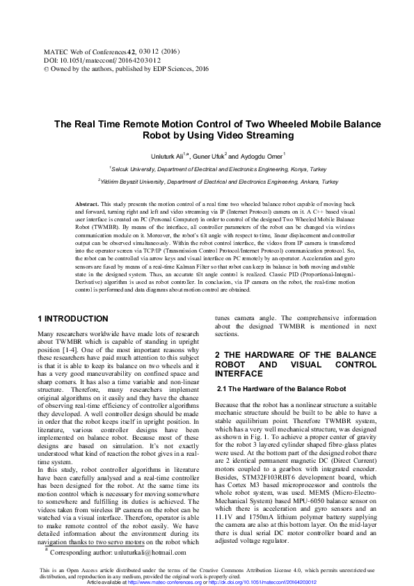 (PDF) The Real Time Remote Motion Control of Two Wheeled Mobile Balance ...