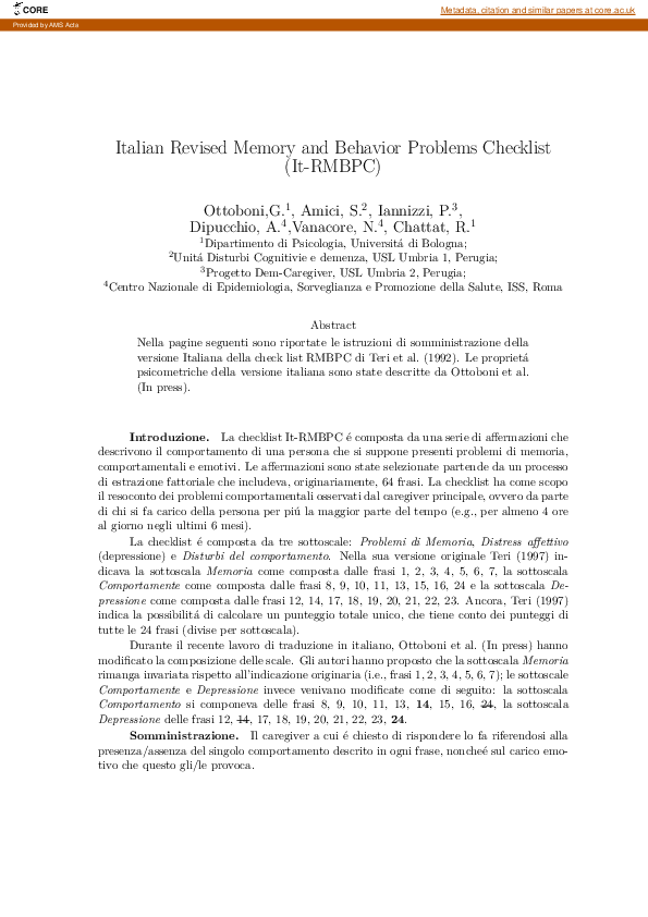 (PDF) Italian Revised Memory and Behavior Problems Checklist
