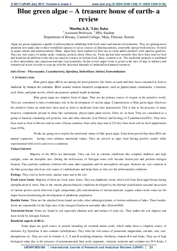 (PDF) Blue green algae -A treasure house of earth-a review