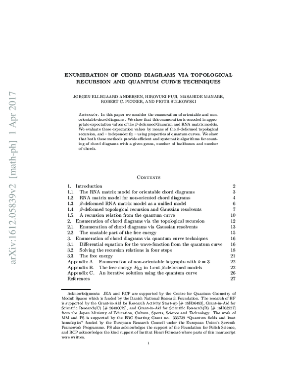 (PDF) Enumeration of chord diagrams via topological recursion and quantum curve techniques