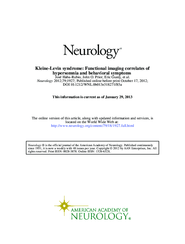 (PDF) Kleine-Levin syndrome: Functional imaging correlates of ...