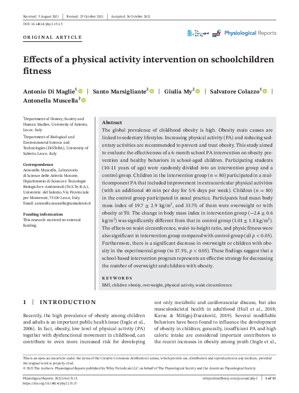 (PDF) Effects of a physical activity intervention on schoolchildren fitness