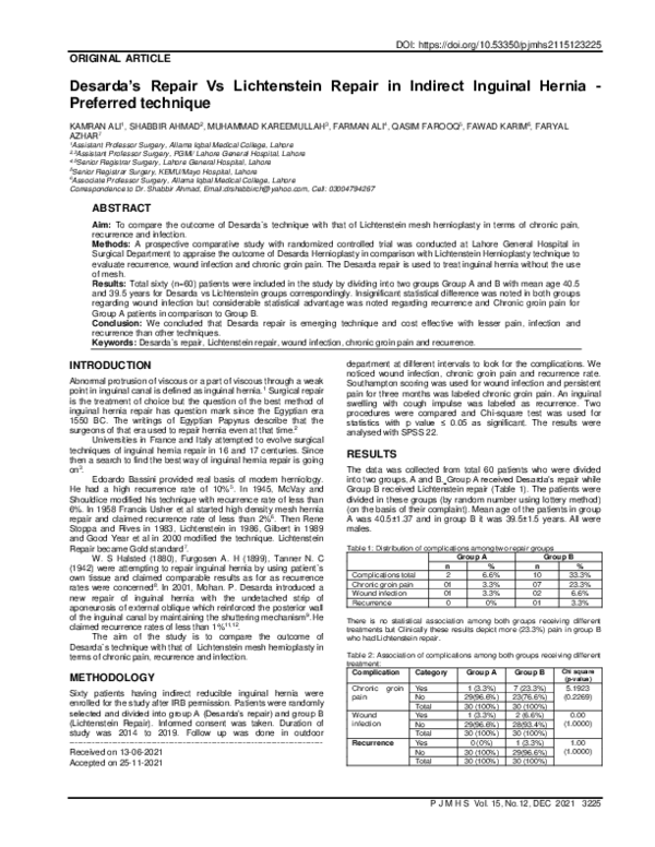 (PDF) Desarda’s Repair Vs Lichtenstein Repair in Indirect Inguinal ...