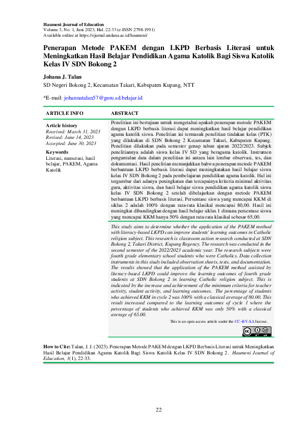 (PDF) Penerapan Metode PAKEM dengan LKPD Berbasis Literasi untuk Meningkatkan Hasil Belajar ...