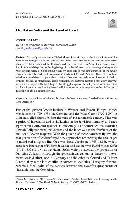 (PDF) The Hatam Sofer and the Land of Israel