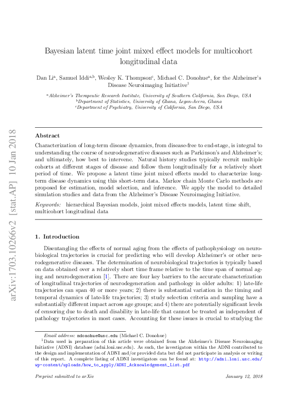 Pdf Bayesian Latent Time Joint Mixed Effect Models For Multicohort Longitudinal Data