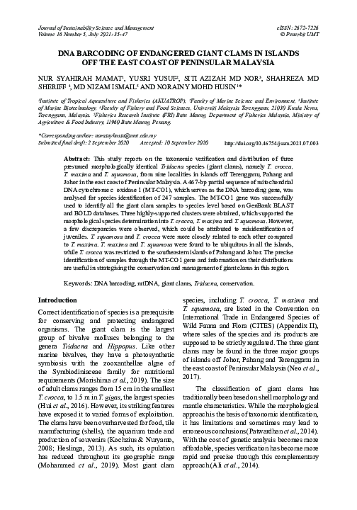 (PDF) Dna Barcoding of Endangered Giant Clams in Islands Off the East Coast of Peninsular Malaysia