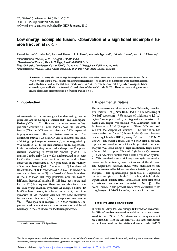 (PDF) Low energy incomplete fusion: Observation of a signiﬁcant ...