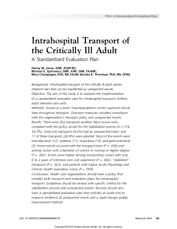 (PDF) Intrahospital Transport of the Critically Ill Adult
