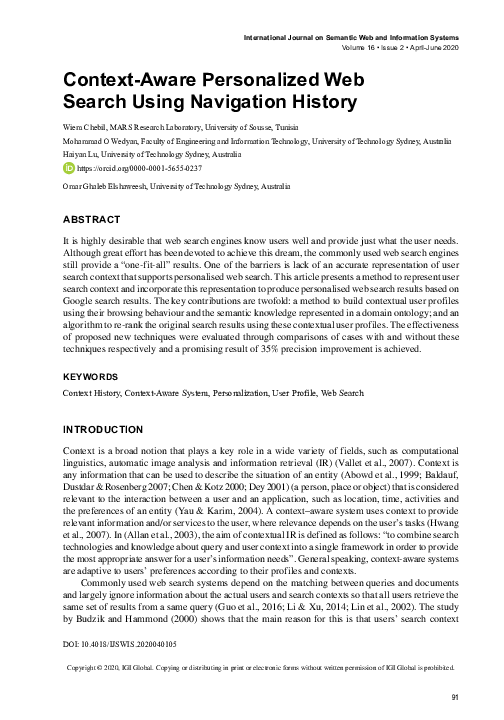 (PDF) Context-Aware Personalized Web Search Using Navigation History