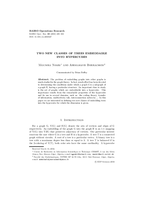 (PDF) Two new classes of trees embeddable into hypercubes | Mounira Nekri - Academia.edu