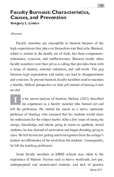 (PDF) Faculty Burnout: Characteristics, Causes, and Prevention