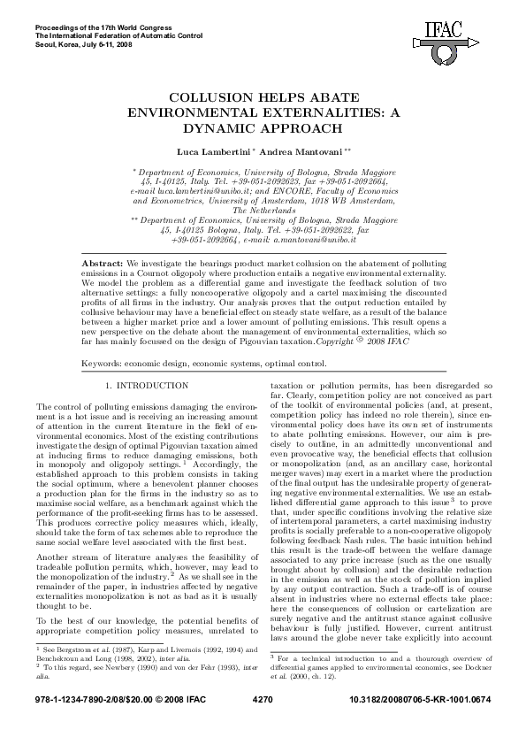 (PDF) Collusion Helps Abate Environmental Externalities: A Dynamic Approach