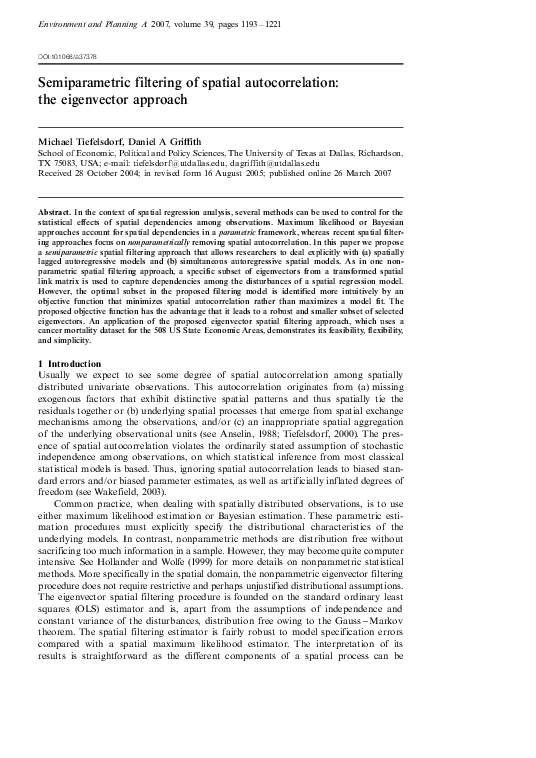 Pdf Semiparametric Filtering Of Spatial Autocorrelation The Eigenvector Approach
