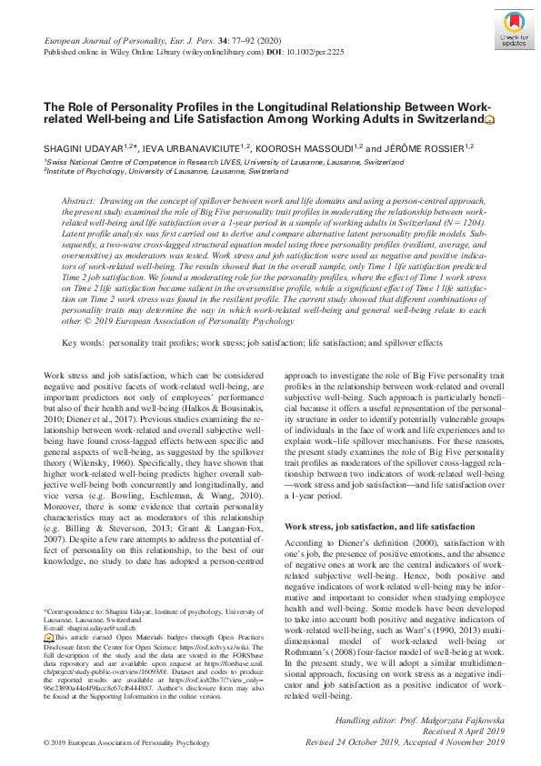 (PDF) The Role of Personality Profiles in the Longitudinal Relationship ...