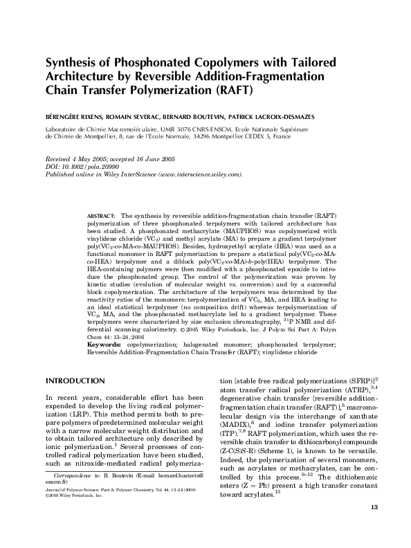 (PDF) Synthesis of phosphonated copolymers with tailored architecture ...