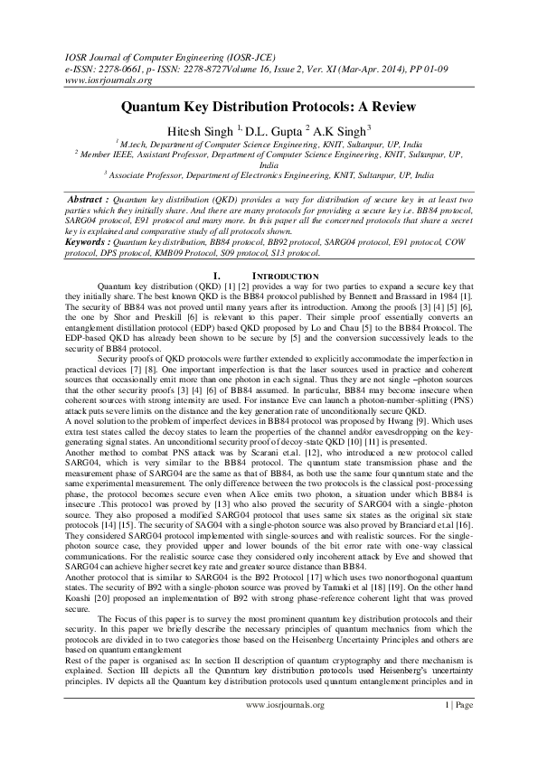 Pdf Quantum Key Distribution Protocols A Review