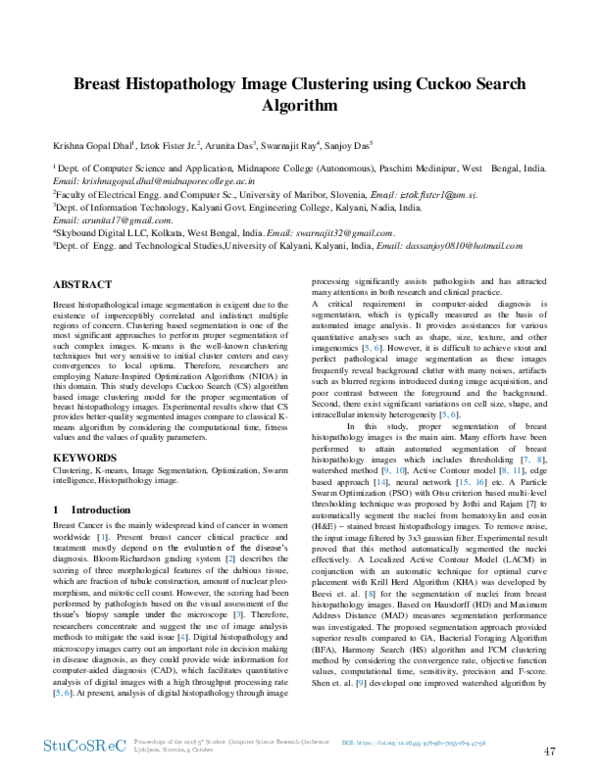 Pdf Cuckoo Search For Breast Histopathology Clustering