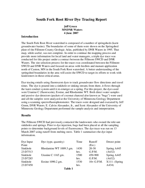 (PDF) South Fork Root River Dye Tracing Report