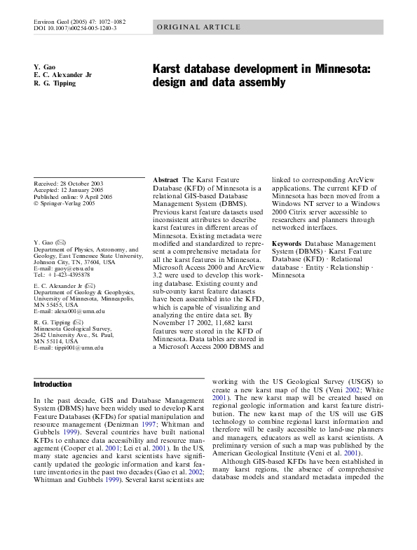 (PDF) Karst database development in Minnesota: design and data assembly | Calvin Alexander ...