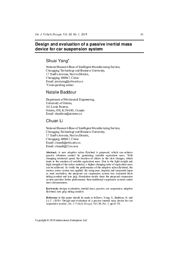 (PDF) Design and evaluation of a passive inertial mass device for car ...