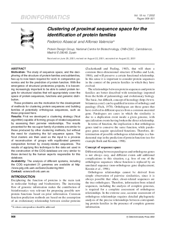 (PDF) Clustering of proximal sequence space for the identification of protein families