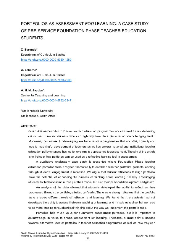 (PDF) Portfolios as assessment for learning: A case study of pre-service Foundation Phase ...
