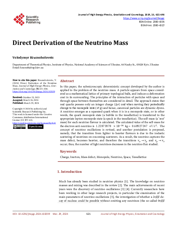 (PDF) Direct Derivation of the Neutrino Mass