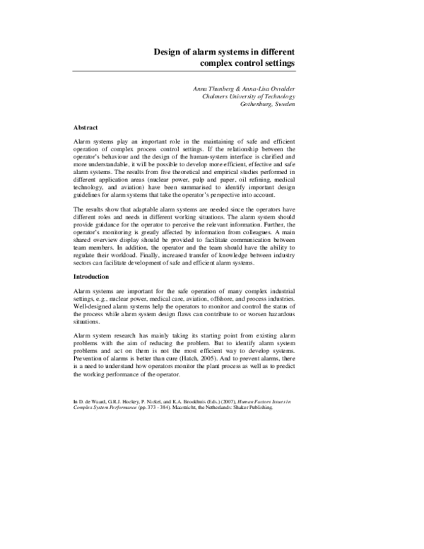 (PDF) Design of alarm systems in different complex control settings