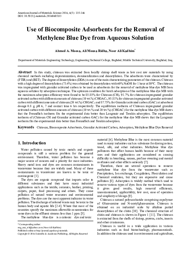 (PDF) Use of Biocomposite Adsorbents for the Removal of Methylene Blue Dye from Aqueous Solution
