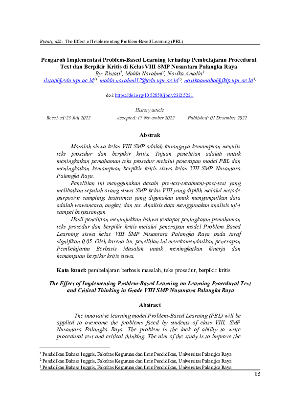 (PDF) Effect of Implementing Problem-Based Learning (PBL) on Learning Procedural Text and ...