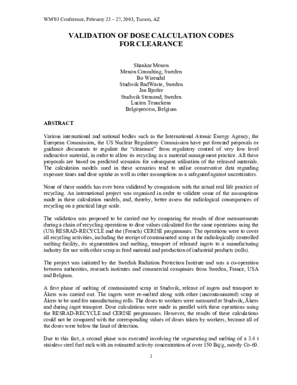 (PDF) Validation of Dose Calculation Codes for Clearance