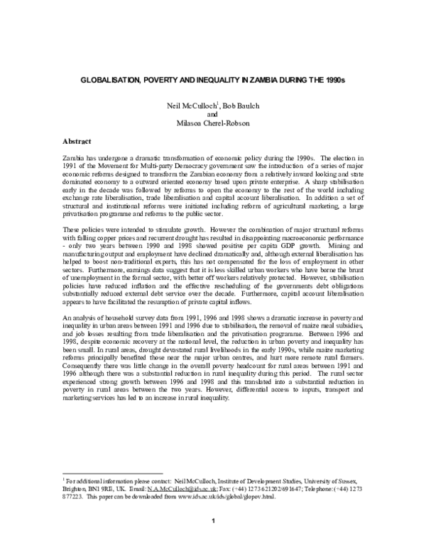 (PDF) Globalisation, Poverty and Inequality in Zambia during the 1990s