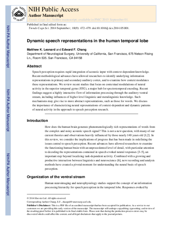 (PDF) Dynamic speech representations in the human temporal lobe