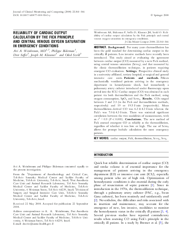 (PDF) Reliability of Cardiac Output Calculation by the Fick Principle ...
