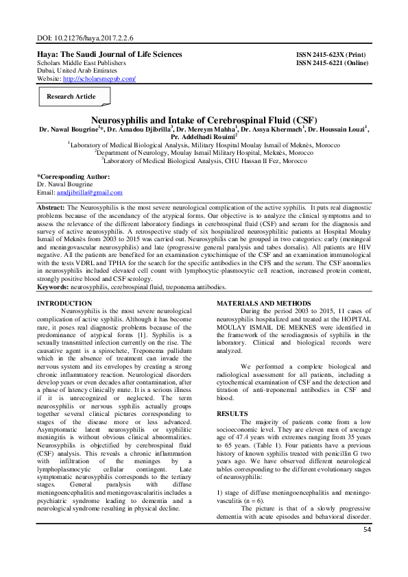 (PDF) Neurosyphilis and Intake of Cerebrospinal Fluid ( CSF )