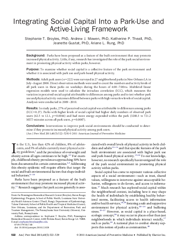 (PDF) Integrating Social Capital Into a Park-Use and Active-Living ...