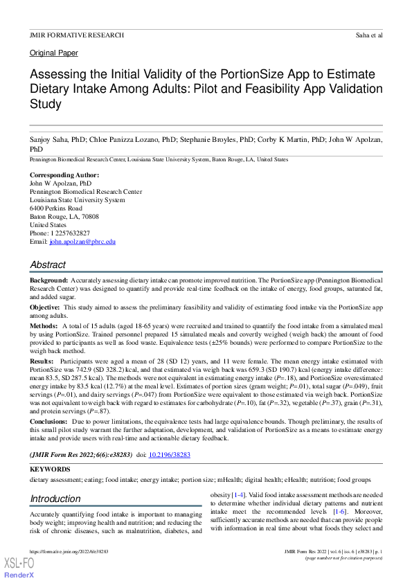 (PDF) Assessing the Initial Validity of the PortionSize App to Estimate ...