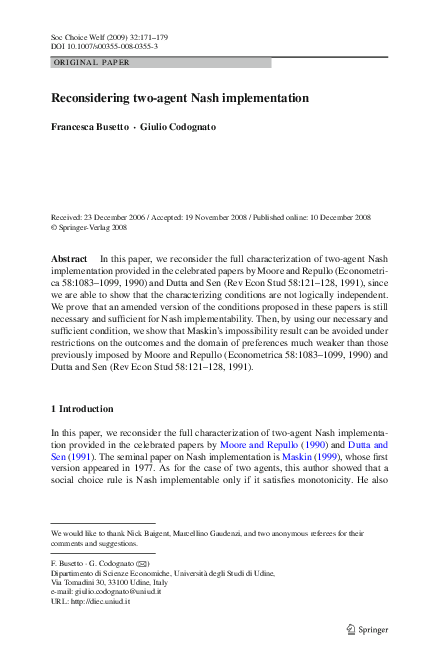 (PDF) Reconsidering two-agent Nash implementation