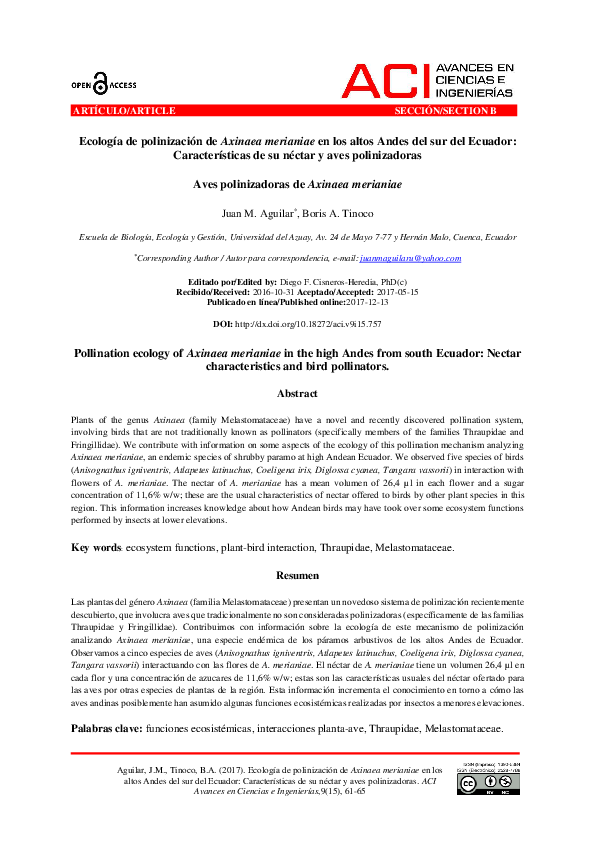 (PDF) Ecología de polinización de Axinaea merianiae en los altos Andes ...