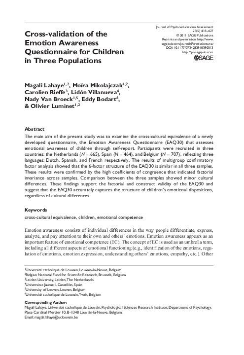 (PDF) Cross-validation of the Emotion Awareness Questionnaire for Children in Three Populations