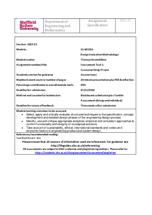 (PDF) Department of Engineering and Mathematics Assignment Specification