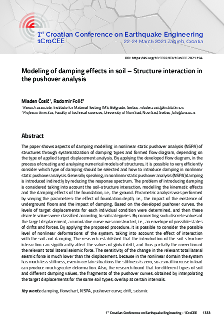 (PDF) Modeling of Damping Effects in Soil – Structure Interaction in the Pushover Analysis