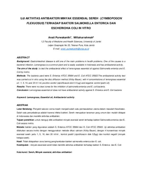 (PDF) Uji Aktivitas Antibakteri Minyak Essensial Sereh (Cymbopogon ...
