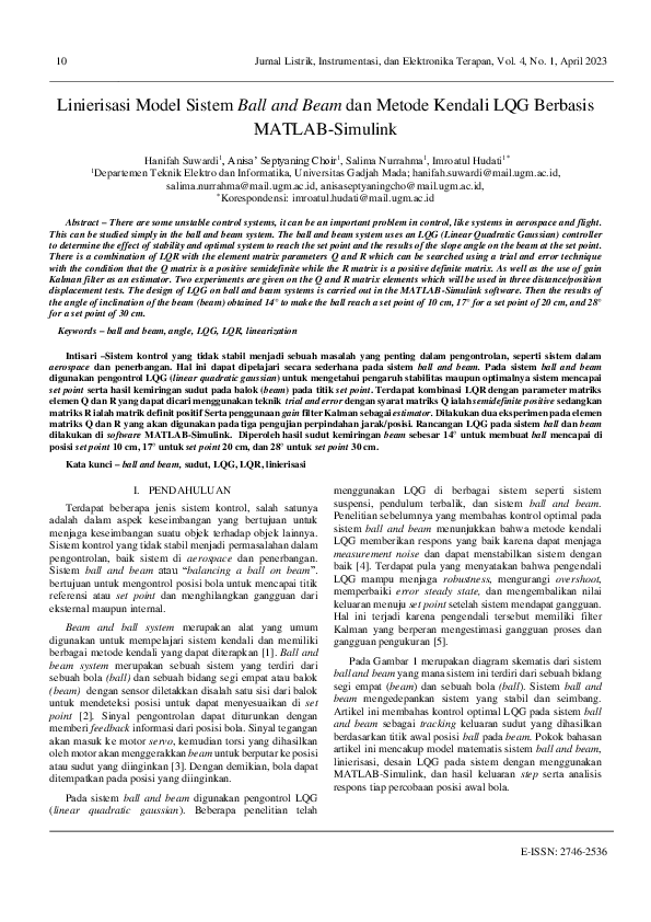 (PDF) Linierisasi Model Sistem Ball and Beam dan Metode Kendali LQG Berbasis MATLAB-Simulink