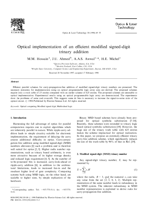 (PDF) Optical implementation of an efficient modified signed-digit trinary addition
