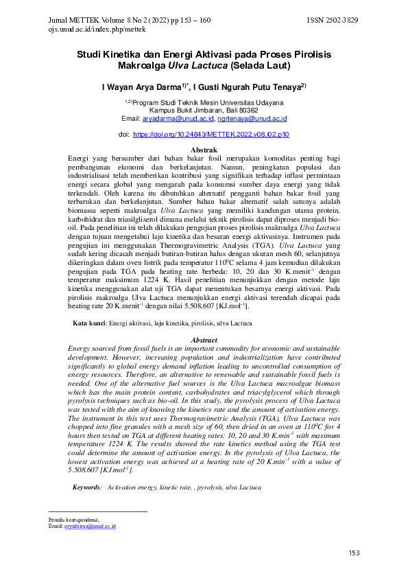 (PDF) Studi Kinetika dan Energi Aktivasi pada Proses Pirolisis ...